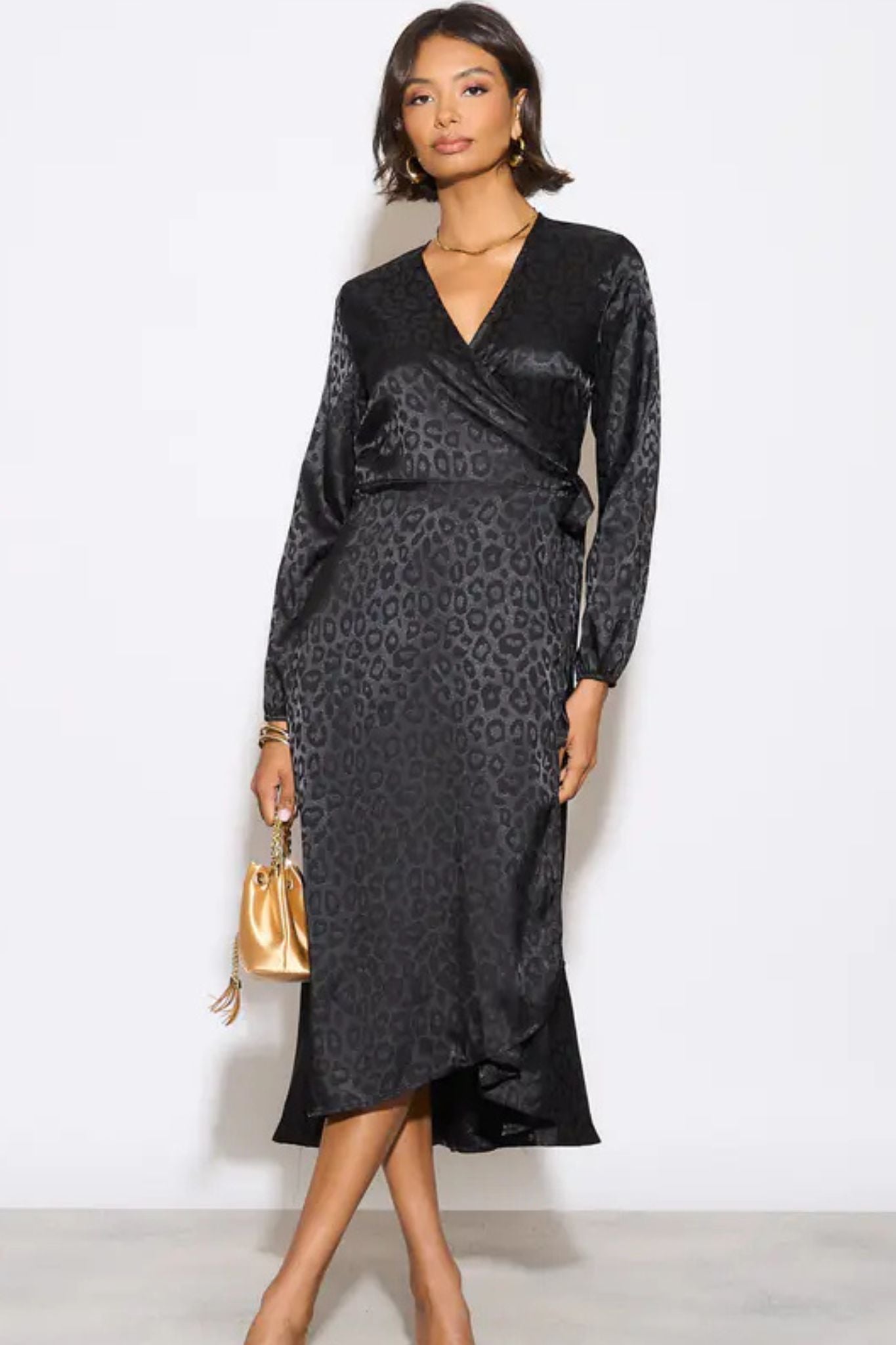 Sarta Black Leopard Print Wrap Dress Faux Silk Long Sleeve Party UK ...